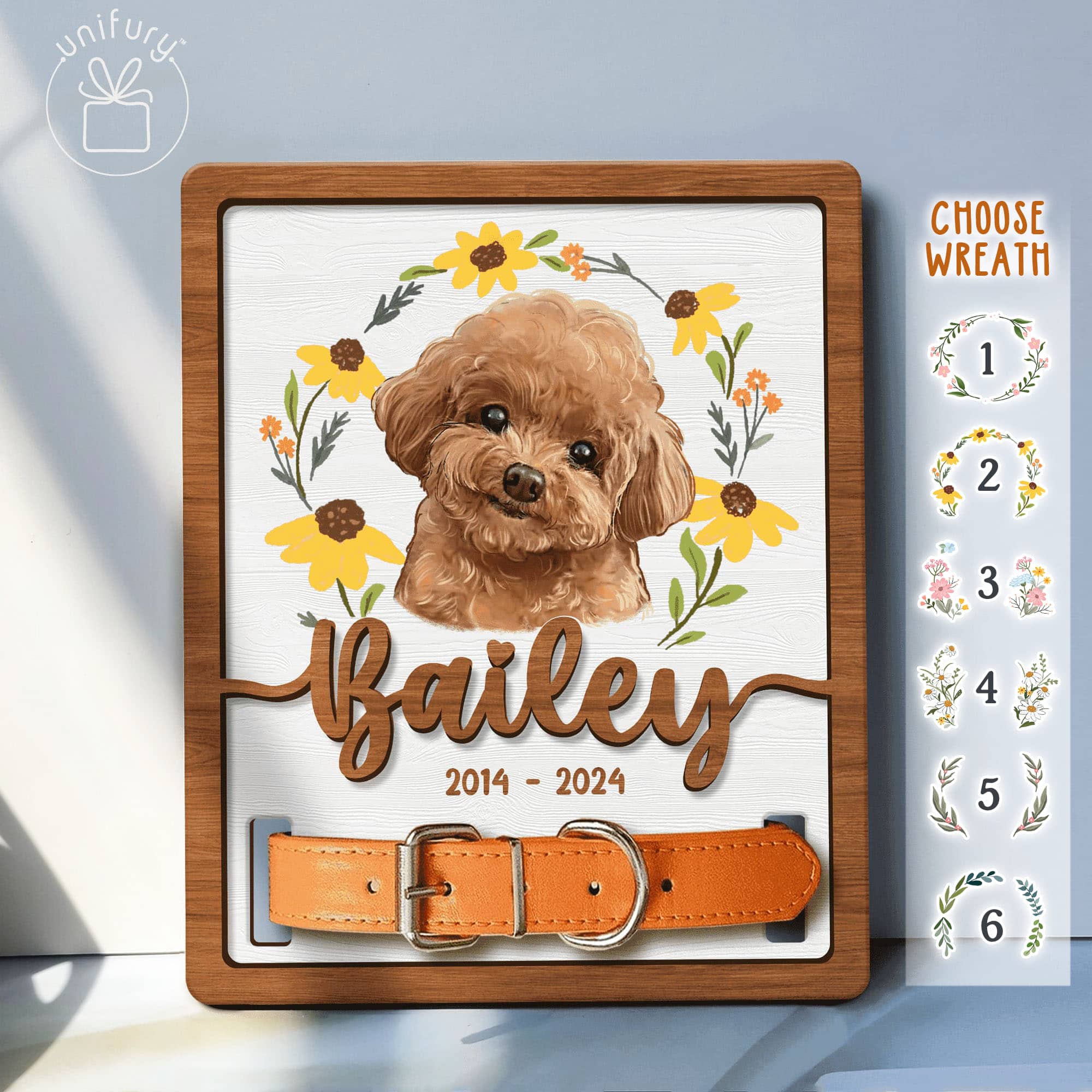 Custom Photo Dog Portrait With Wreath Memorial Pet Collar Frame - Unifury